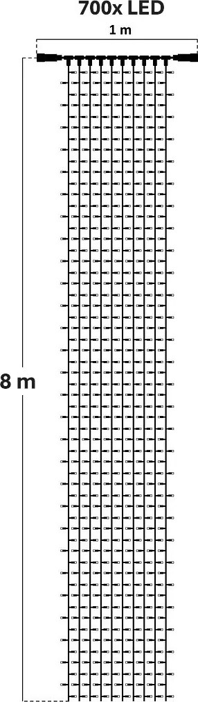 Easy Fix LED světelný závěs venkovní, 100 × 800 cm, teple bílá, 700 diod, bílý kabel, IP67, prodlužovací