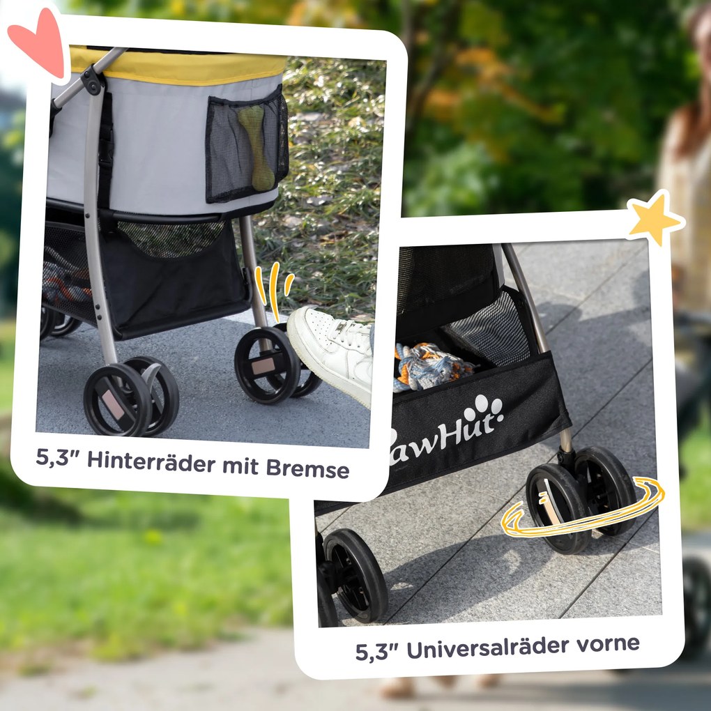 PawHut vozík pro psy 2 v 1, skládací kočárek pro psy s polštářem, 4 kolečka, síťované okno, tkanina Oxford, žlutý