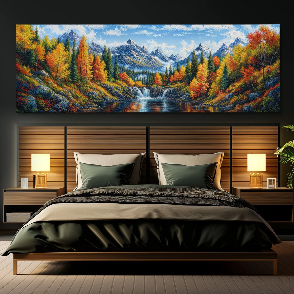 Obraz na plátně - Malé vodopády obklopené lesem a horami FeelHappy.cz Velikost obrazu (šířka x výška): 270 x 90 cm