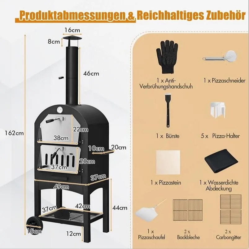 Costway Wood Fired Pizza Oven Volně stojící zahradní gril se 2 kolečky Heavy