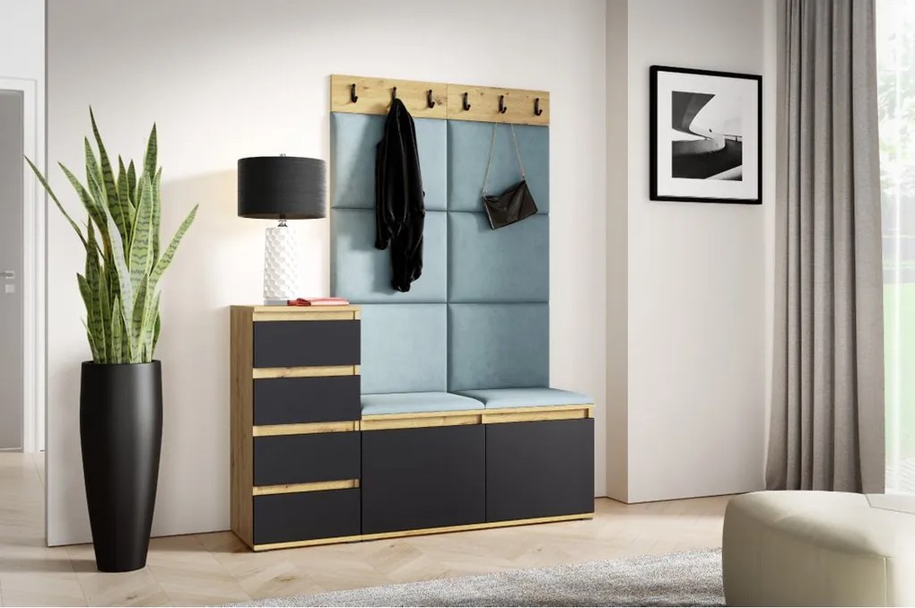Eka Předsíňová stěna s čalouněnými panely Trinity 34 - Dub Artisan s černou /Světlá modrá 2322