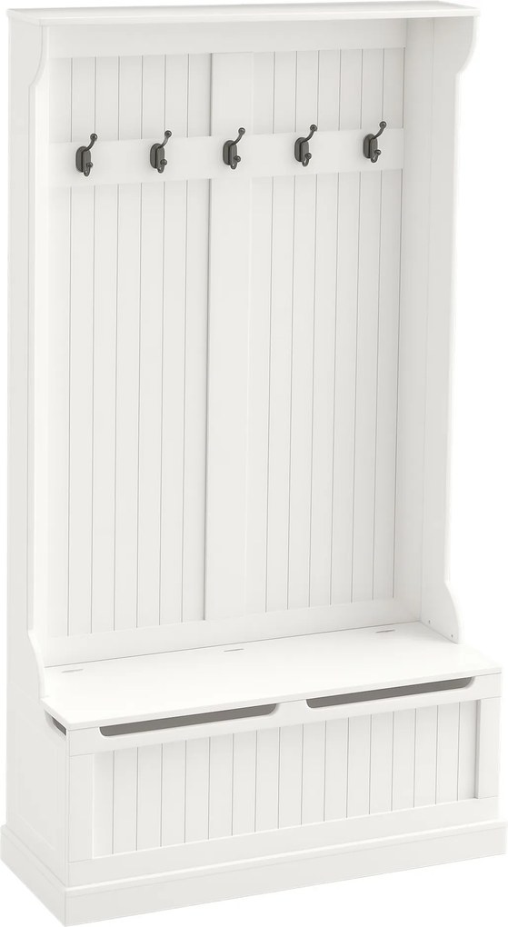 HOMCOM věšák na kabáty s botníkem a lavičkou, organizační prvek do předsíně, s 5 háčky a úložným prostorem, 96x34x179,7cm, slonová kost