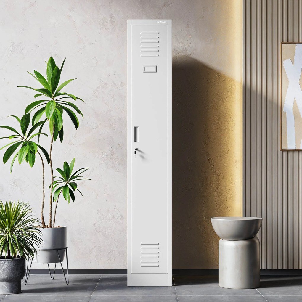 Úzká jednokomorová šatní skříňka pro zaměstnance, šedá, 300x1800x500 mm: KACPER II Plus