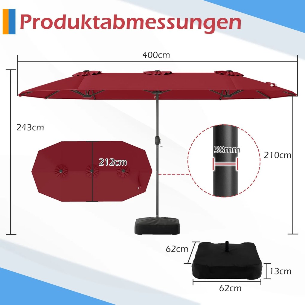 Costway Dvojitý slunečník se stojanem UPF 50+ vínově – 400 × 200 cm