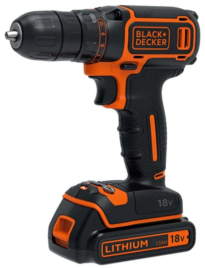 BLACK+DECKER - 18V AKU vrtací šroubovák, 2x aku 1,5 Ah Li-Ion, nabíječka BDCDC18B-QW