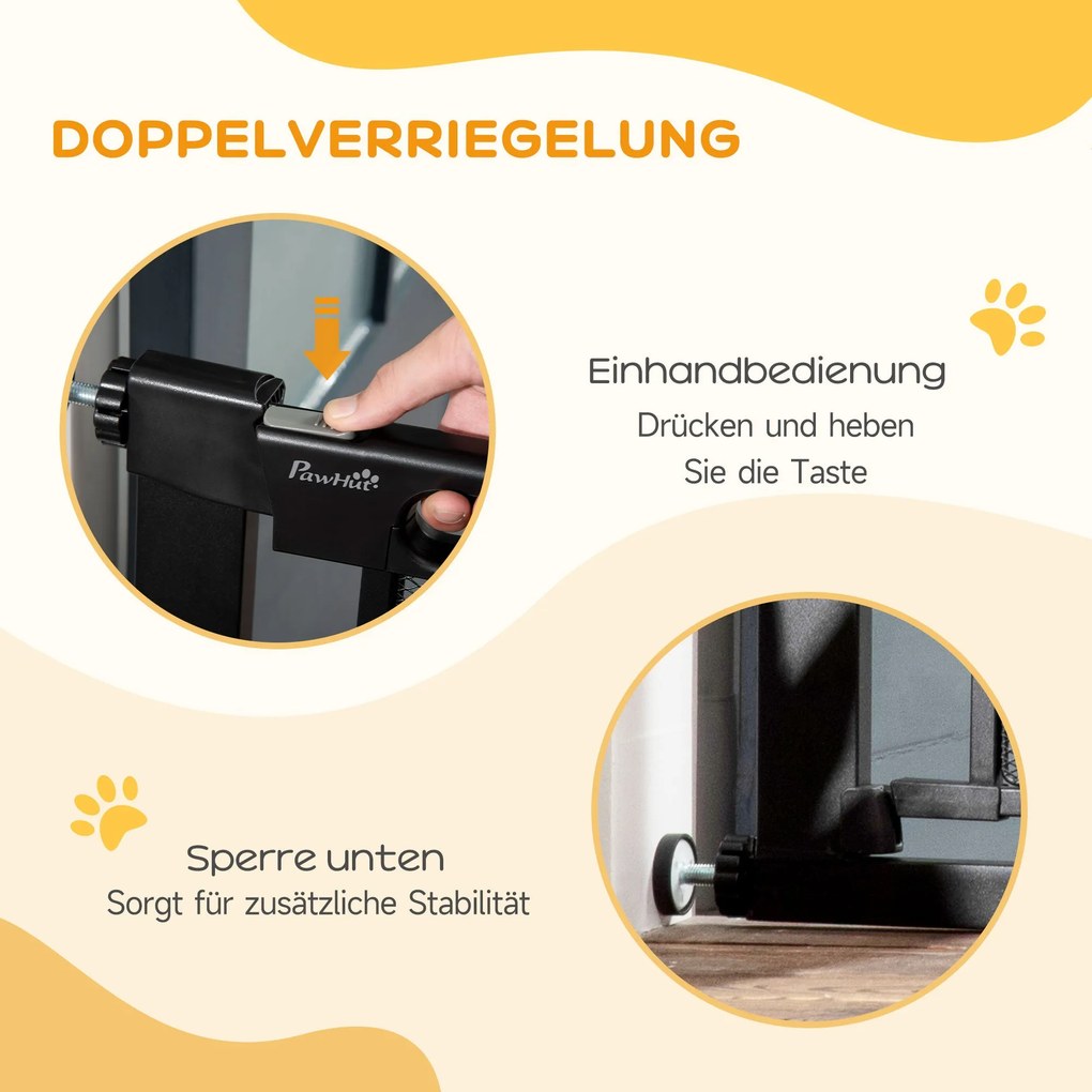 PawHut Zabradlí pro psy, Ochrana schodů, Bezvrtací záchrana, Bariéra pro šířku 75-103 cm, Automatické zavírání, Pro děti a kočky, Ocel, Černá