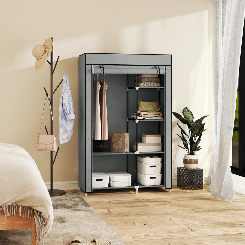 HOMCOM Šatní skříň Látková šatní skříň, 6 přihrádek, šedá, 103x43x162.5cm, Skládací šatní skříň ve fleecovém vzhledu| Aosom
