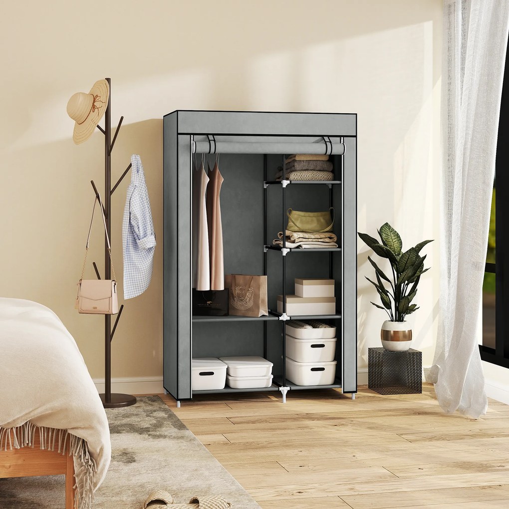 HOMCOM Šatní skříň Látková šatní skříň, 6 přihrádek, šedá, 103x43x162.5cm, Skládací šatní skříň ve fleecovém vzhledu