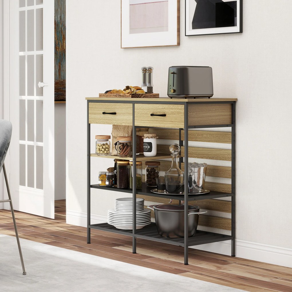 HOMCOM bufet do kuchyně, úložný nábytek se 2 zásuvkami a 3 otevřenými regály, 90 x 40 x 91 cm, přírodní dřevo a černá