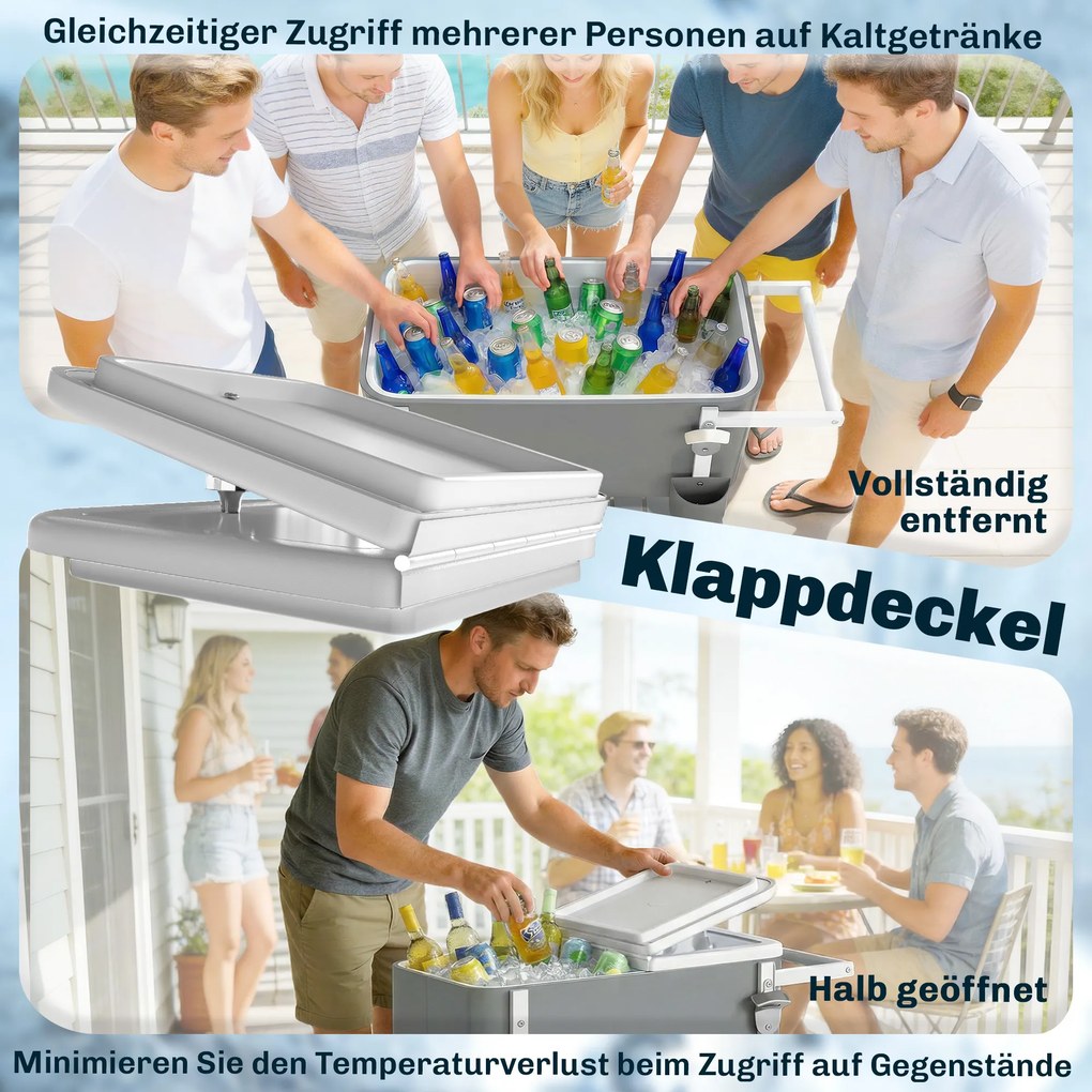 Outsunny chladicí vozík 56 l na kolečkách s policí, otvíráčem a vypouštěním — venkovní párty chladnička, 84 × 38 × 83 cm, šedá