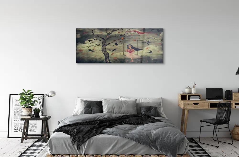 akrylový obraz Strom ptáci mraky dívka rocková 120x60 cm