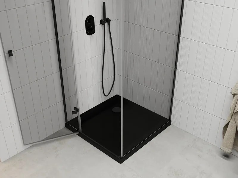 Mexen Roma, sprchový kout s 1-křídlými dveřmi 90 (dveře) x 90 (stěna) cm, 6mm čiré sklo, černý profil, slim sprchová vanička 5cm černá s černým sifonem, 854-090-090-70-00-4070B
