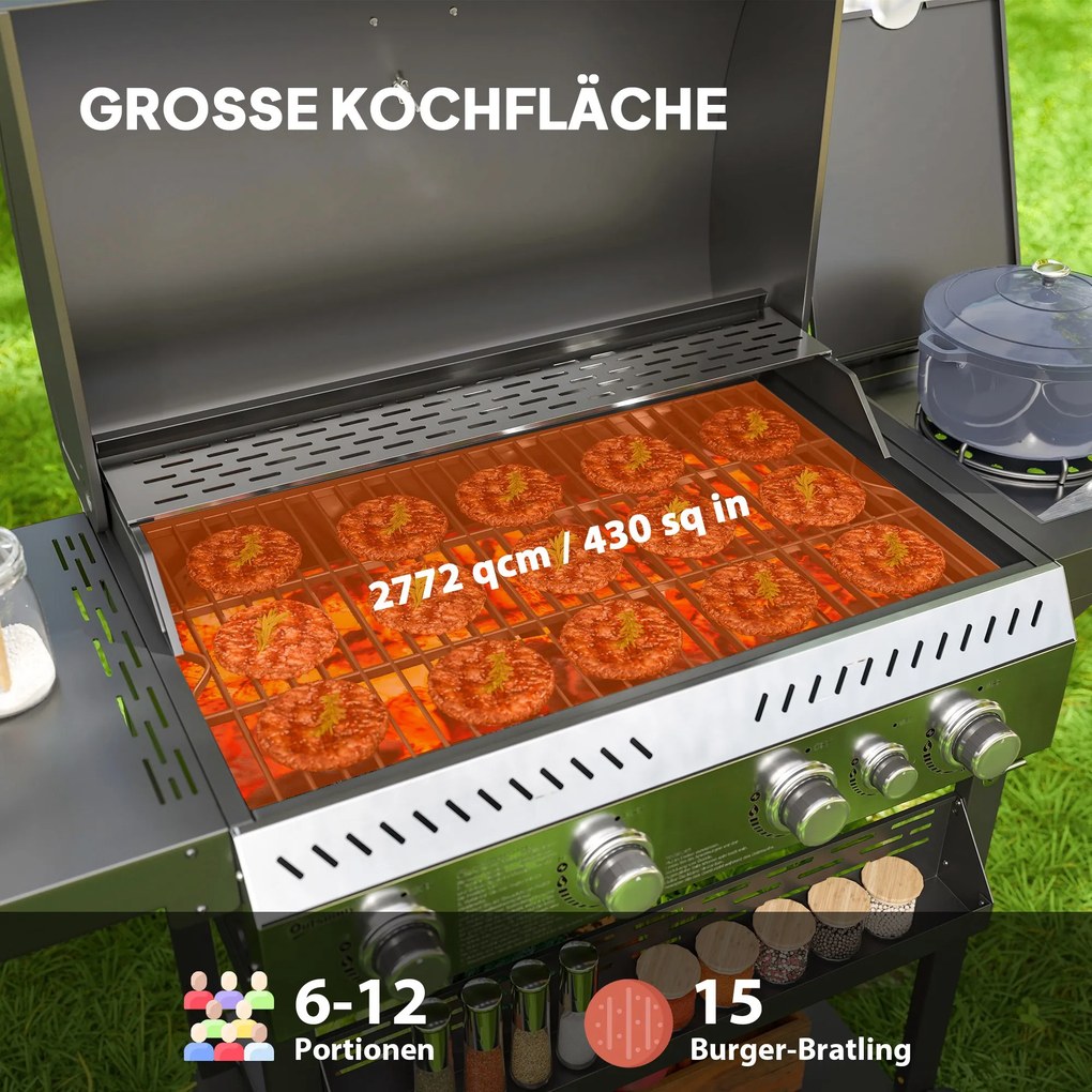 Outsunny Plynový gril, BBQ gril, 4 hlavní hořáky, 1 boční hořák, 1 udržovací plotna; 135 x 55 x 103 cm, černá