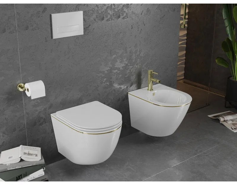 Mexen Lena, závěsný bidet 480x370x325 mm, bílá - zlatý okraj, 35224805