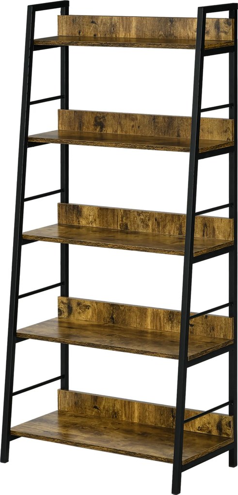 HOMCOM Knihovna v industriálním stylu, nakloněná, 5 polic, 70L x 35W x 150H cm