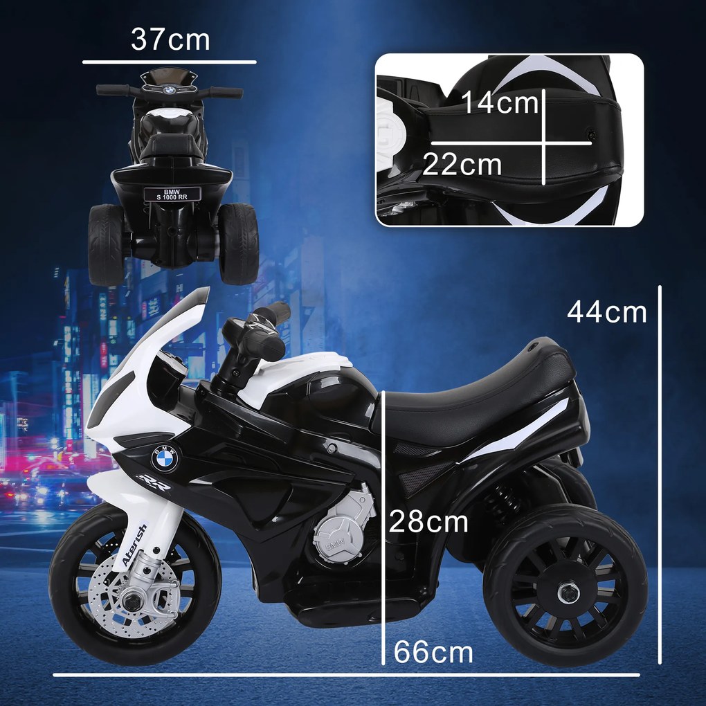 HOMCOM BMW S1000RR licenční dětská elektrická motorka dětské vozidlo s baterií, tříkolka, ocel, černá, 66x37x44 cm