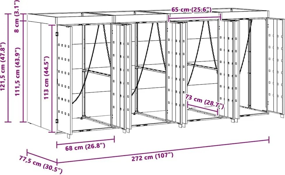 vidaXL Úložný box na 4 popelnice Antracit 272 x 77,5 x 121,5 cm [3394745]