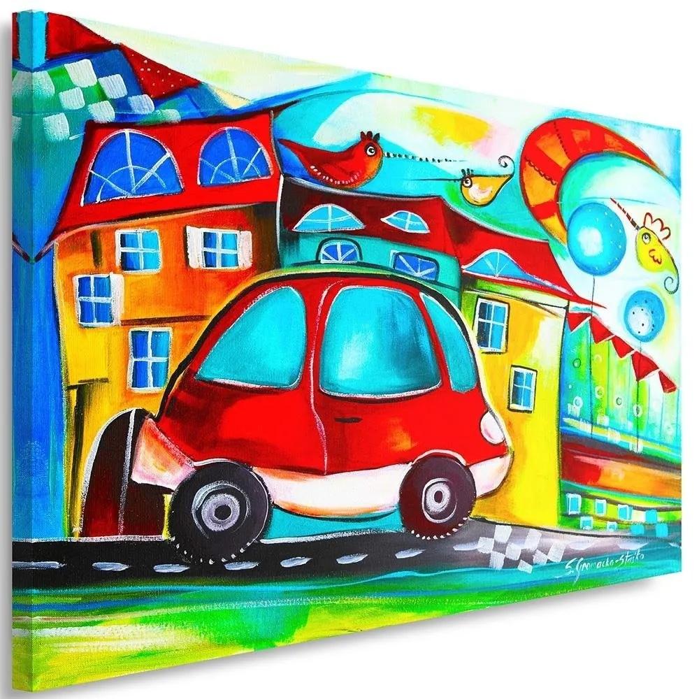 Obraz na plátně, Barevné město Červené auto - 120x80 cm