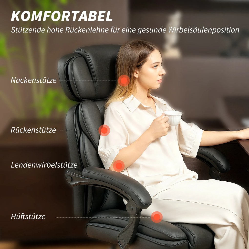 HOMCOM Kancelářská židle ergonomická, výškově nastavitelná, otočná s opěrkou bederní páteře, opěrkami rukou, opěrkou nohou, PU kůže, černá