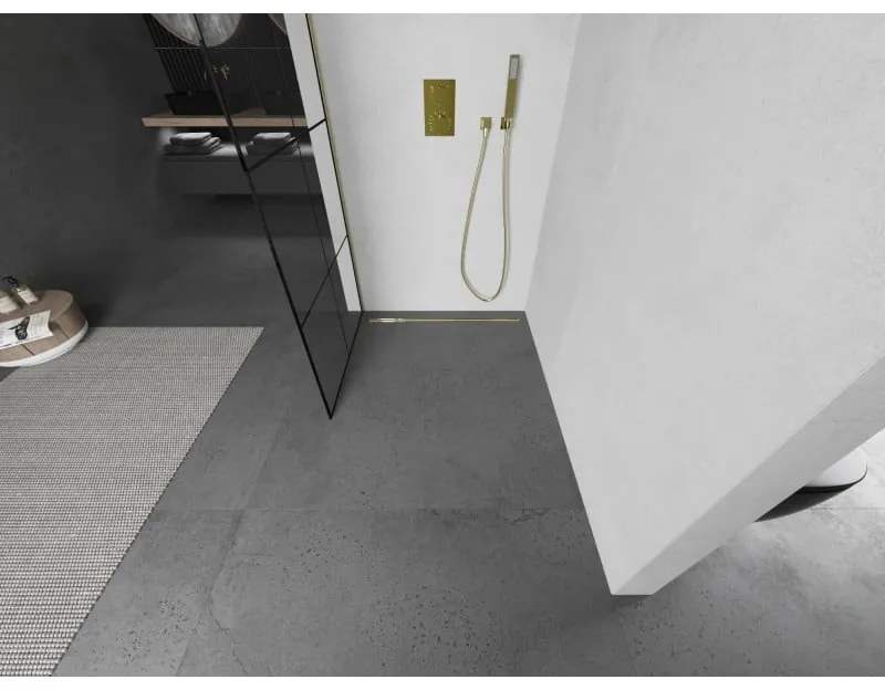 Mexen Kioto, sprchová zástěna Walk-In 90 x 200 cm, 8mm čiré sklo černý vzor, zlatý matný profil, 800-090-101-55-77