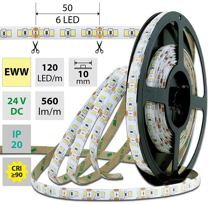 Led pásek smd2835 eww, 120led/m, 7w/m, 560lm/m, ip20, dc 24v, 10mm, délka 1m