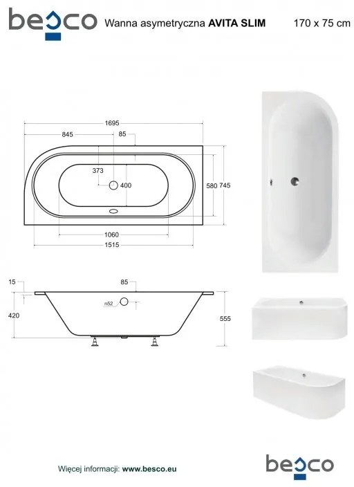 BESCO Asymetrická vana AVITA SLIM Nožičky k vaně - S nožičkami, Rozměr vany - 170 × 75 cm, Způsob provedení - Levé - VANAVIT170SLIML+OLVPINOZ