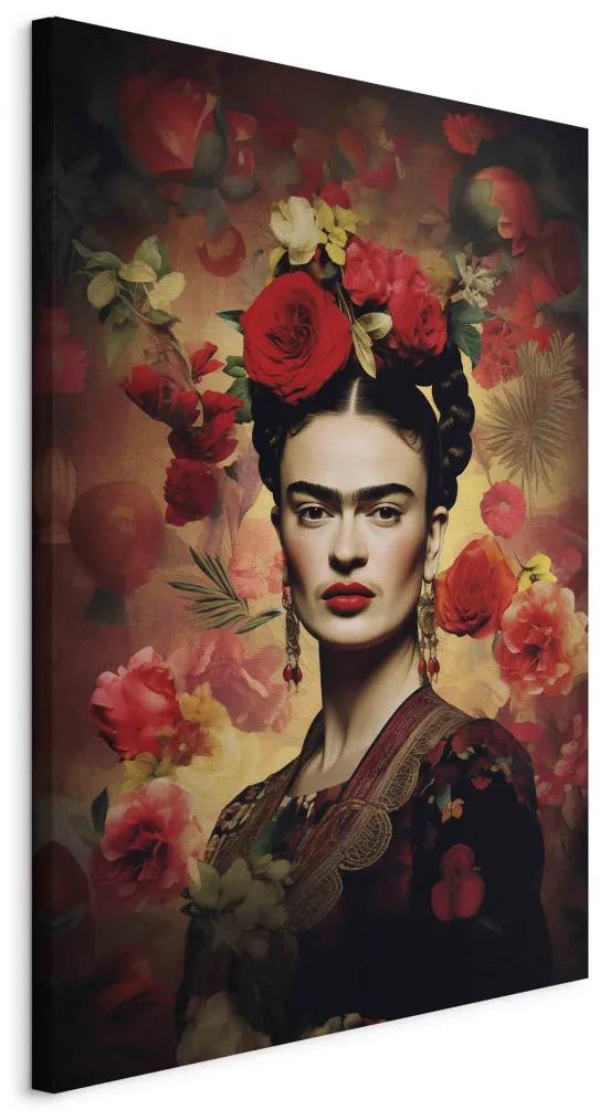 Frida Kahlo - Portrait With Roses and Leaves on a Dark Brown Background [Large Format]