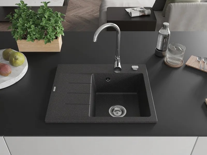 Mexen Ben, 1-komorový granitový dřez 600x500x190 mm, pravý + chromový sifon, černá skvrnitá, 6523605000-76