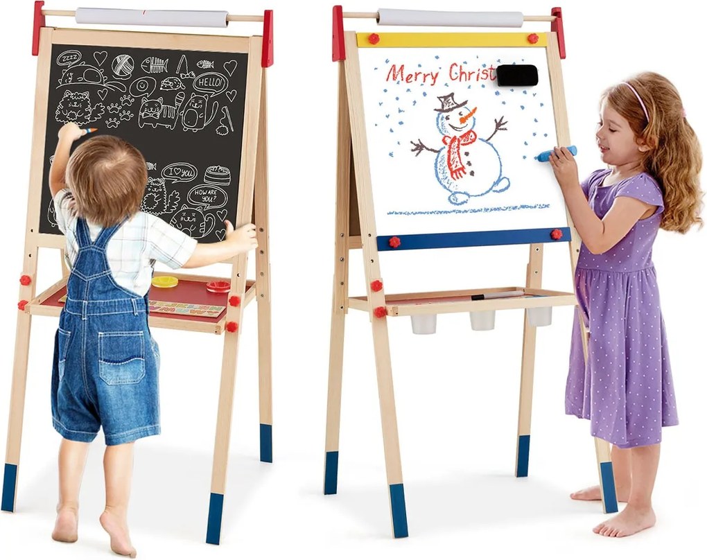 Costway Malířská tabule 3-in-1 pro děti Oboustranná stojací tabule s přírodní