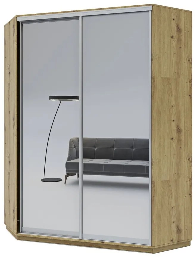 Rohová šatní skříň CORA 140 × 220 cm dub artisan se zrcadlem