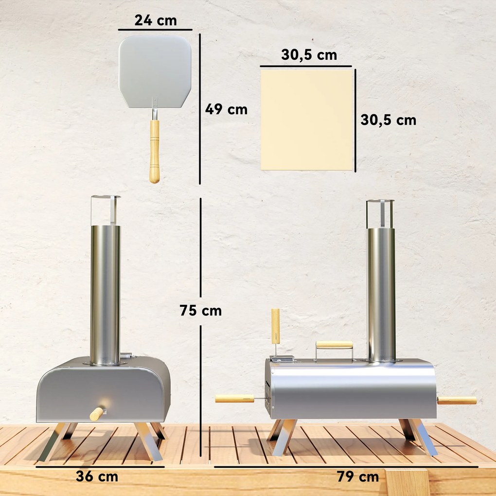 Venkovní pec na pizzu, přenosná pec na pizzu s kamenem na pizzu a lopatou, sklopné nohy, komín, nerezová ocel