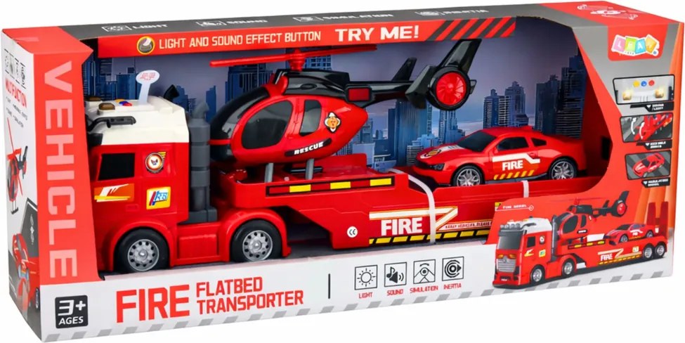 LEAN Toys Souprava hasičská a záchranná: Nákladní auto, odtahovka, auto, vrtulník, světla, zvuky
