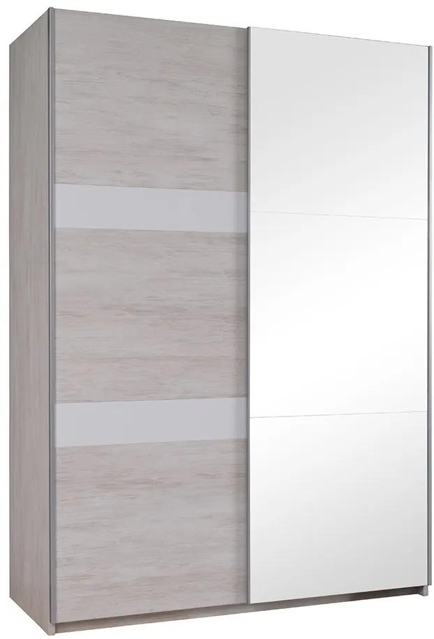 Moderní šatní skříň se zrcadlem DENVER - dub bílý/bílý lesk