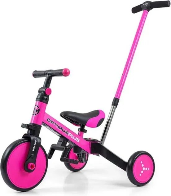 Dětská tříkolka 4v1 Milly Mally Optimus Plus s vodící tyčí pink