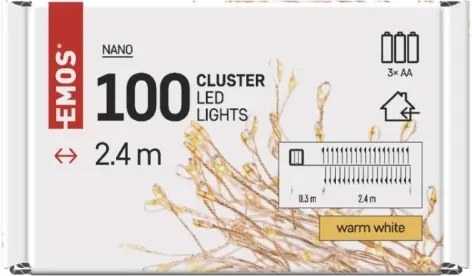 Vánoční osvětlení EMOS D3FW01 100LED nano řetěz stříbrná 2,4m teplá bílá s časovačem