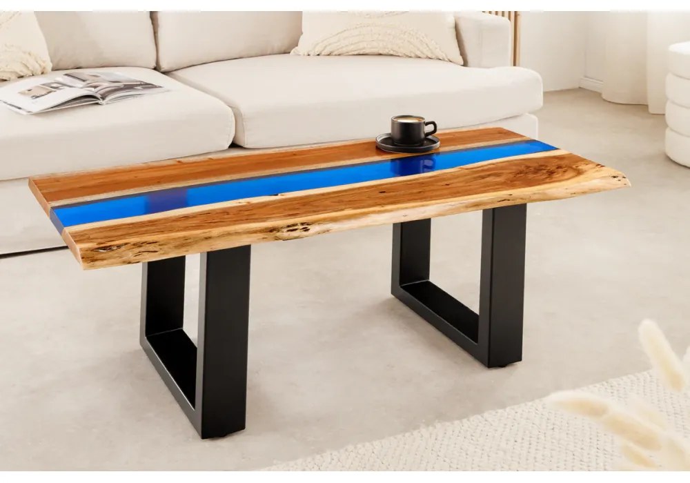 Massive home | Konferenční stolek LIQUID 110 cm akáciové dřevo s modrým epoxidovým páskem