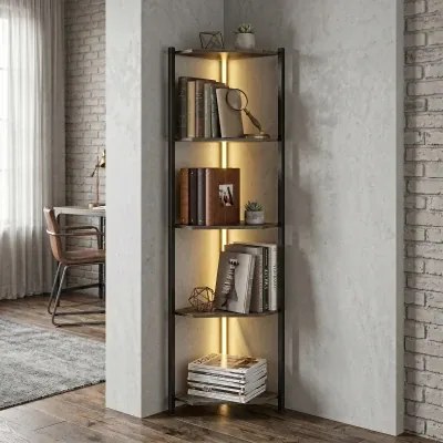 HOMCOM Knihovna 5-patrový rohový regál s LED osvětlením do obývacího pokoje, ložnice, kanceláře, Rustikální hnědá