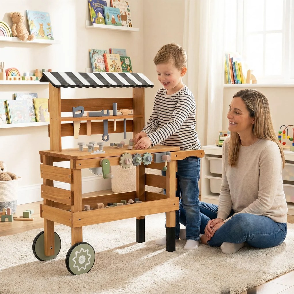 Costway 2-in-1 Dřevěný kočárek a lavička na nářadí Hrací pracovní stůl
