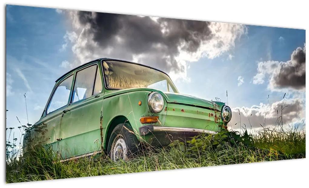 Obraz zeleného auta v trávě (100x40cm)