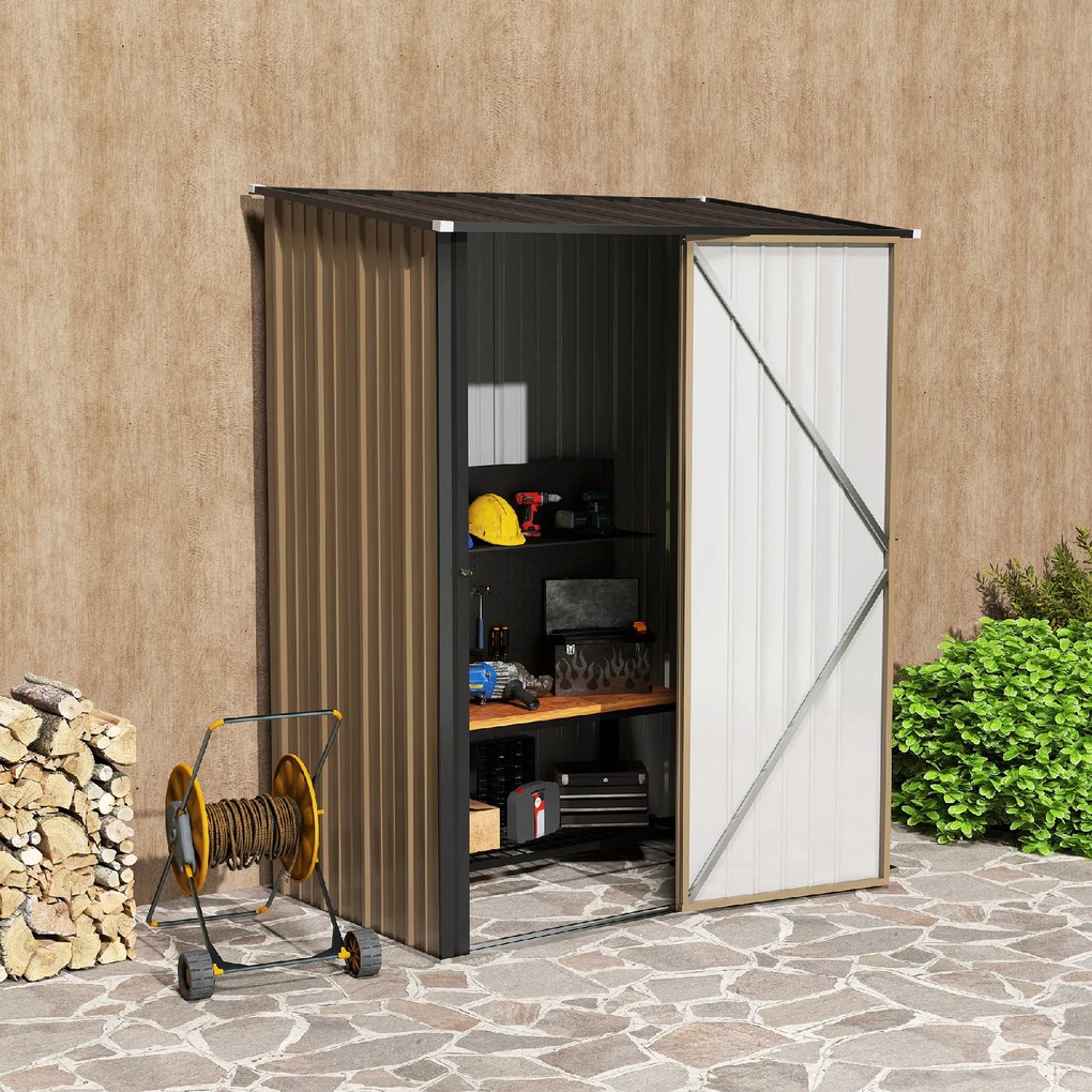 Zahradní kůlna Outsunny 1,34 m² s pultovou střechou, uzamykatelný nástrojový kabinet, vyrobený z pozinkované oceli, 161,5 x 94,5 x 196 cm, hnědý