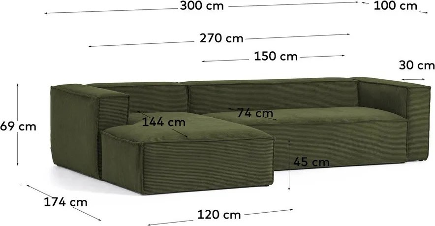 Zelená manšestrová rohová pohovka (levý roh/s lenoškou) Blok – Kave Home