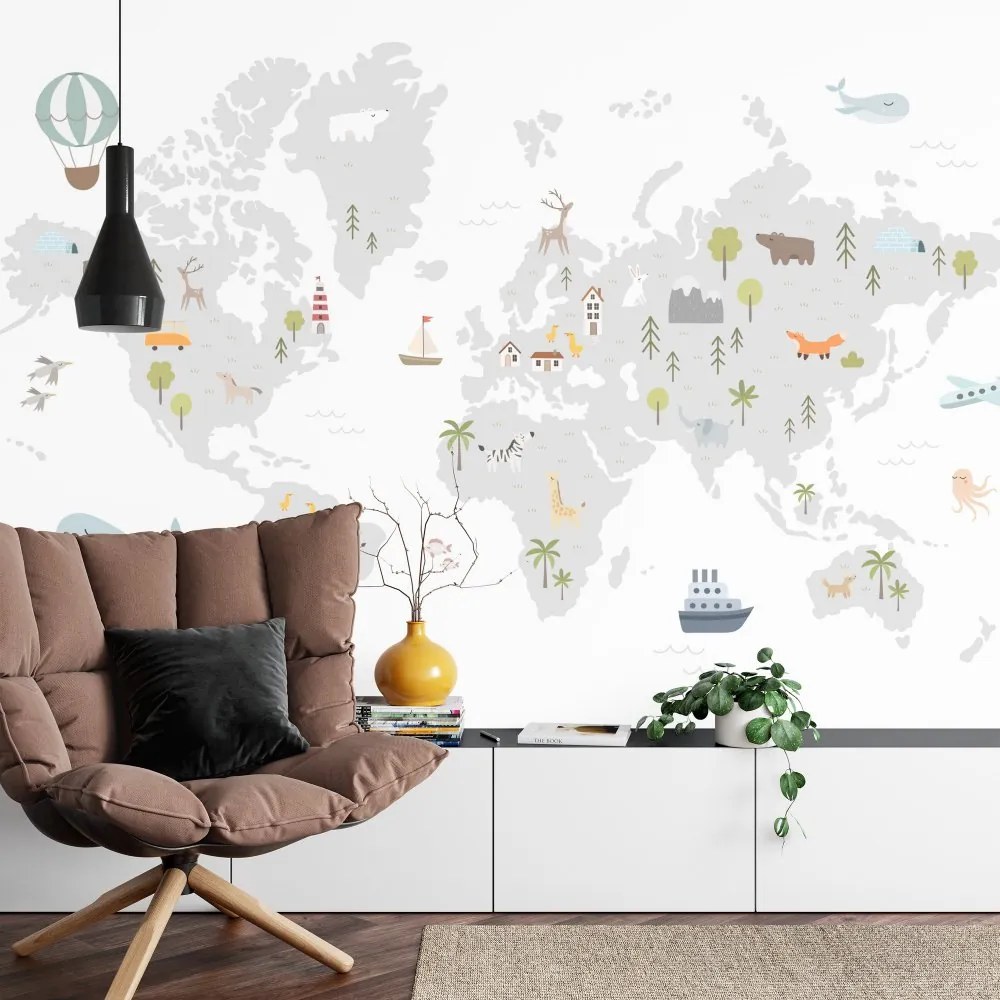 Fototapeta World Map With Cute Animals In Cartoon Style. Map For Nursery, Kids Room With Nature, Animals, Transports. Skandi Hladký vinyl 104x70.5