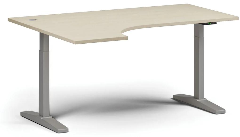 Výškově nastavitelný stůl, elektrický, 675-1325 mm, rohový levý, deska 1600x1200 mm, šedá podnož, ořech