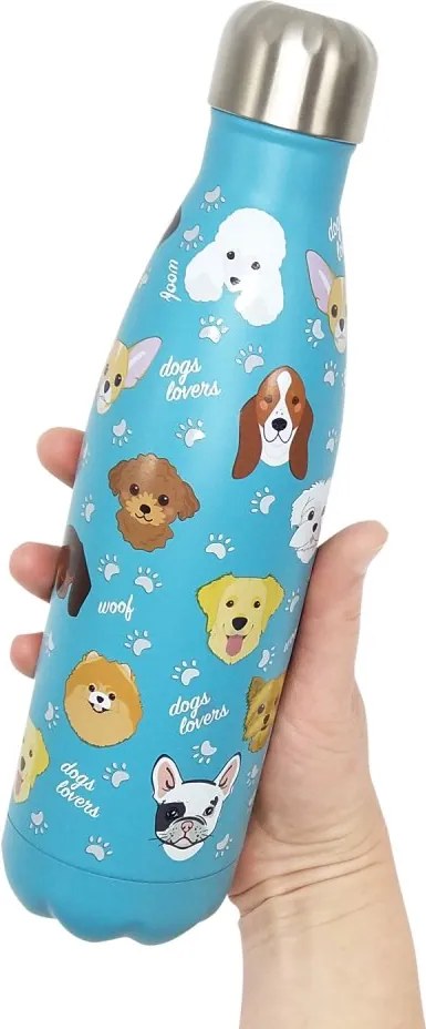 Nerezová termolahev Psi, 500 ml – tyrkysová, matný povrch, s motivem pejsků