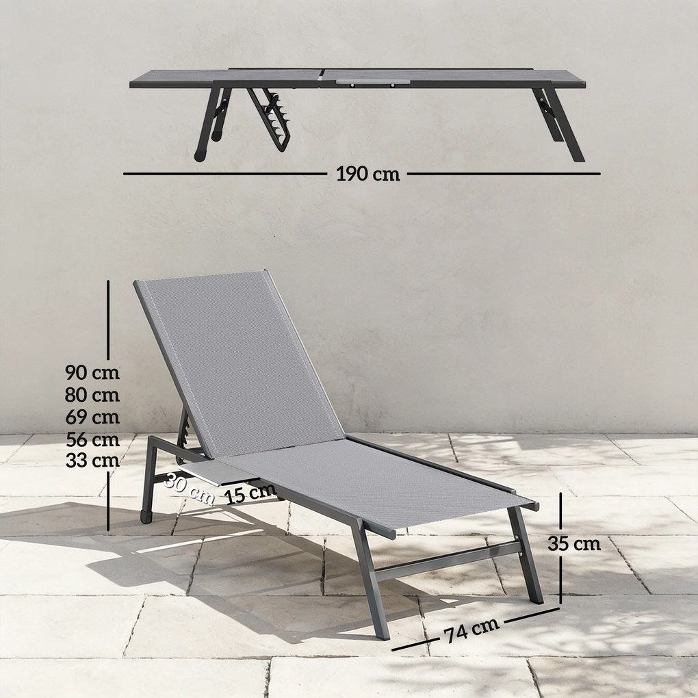sada 2 lehátek Zahradní lehátko s 5 polohami výškově nastavitelného opěradla Boční stolek 2 kolečka, protiskluzové nožičky Šedá barva