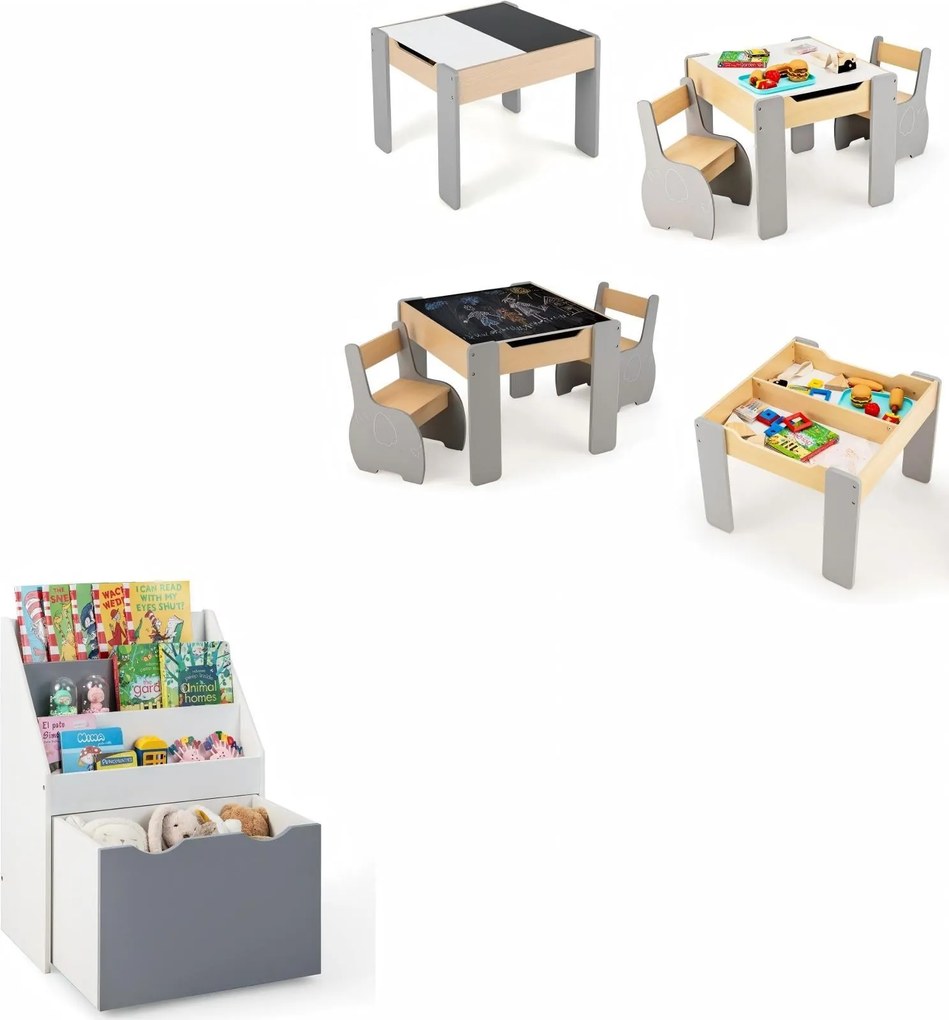 Costway Dětský stolek se 2 židlemi a regálem s boxem, šedý