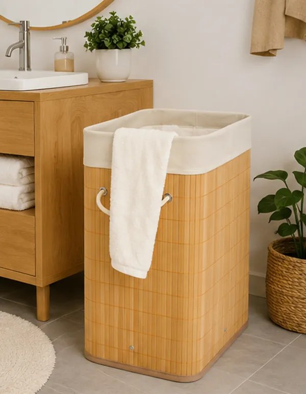 koš na prádlo, 40 l, bambus/látka, 50x40x20 cm, přírodní/krémová, Dekorino KP20260001