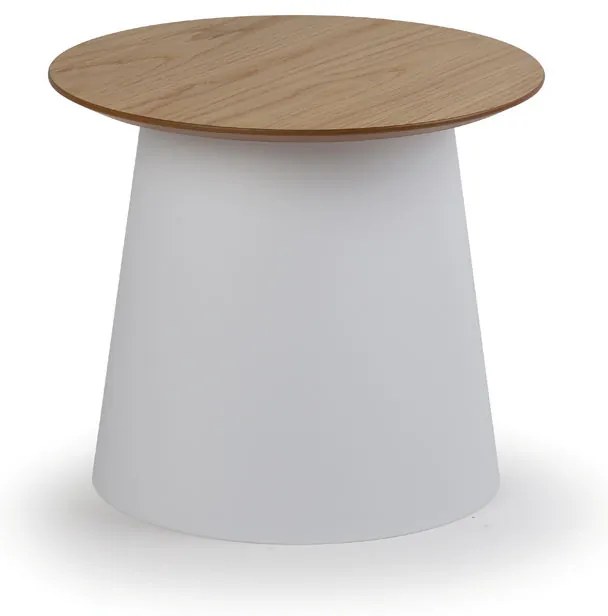 Plastový kávový stolek SETA s dřevěnou deskou, průměr 49 cm, dub/bílá