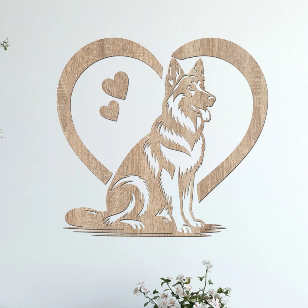 dřevo života Dřevěný obraz sedícího Německého ovčáka v srdci Zvolte rozměr (cm): 40x38, Zvolte barvu dekoru: Wenge