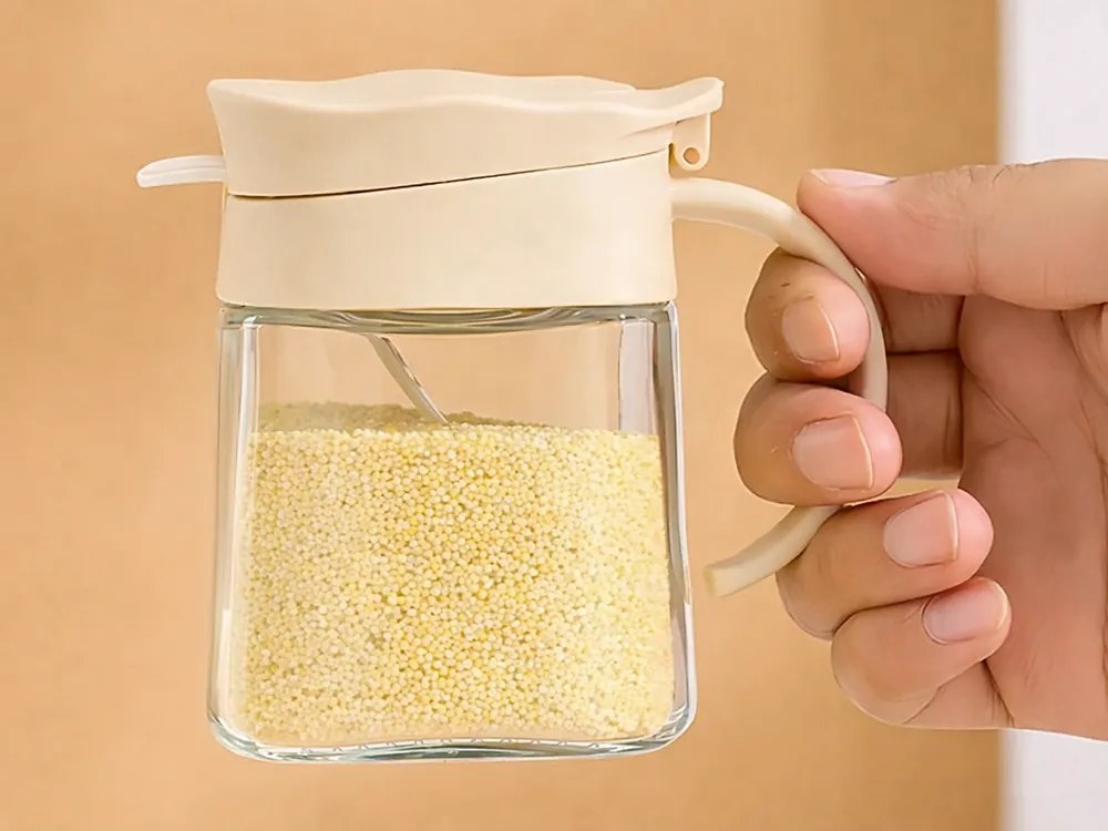 Verk Group Skleněná nádoba na koření do kuchyně s uchem, 300 ml + lžička